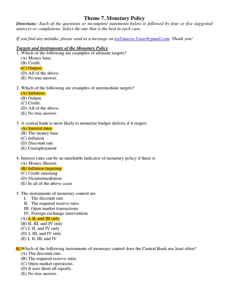 Monetary Policy MCQs and Answers | PDF | Money Supply | Monetary Policy