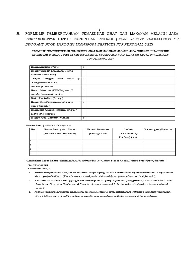 Perka BPOM (Formulir Pemasukan Obat Untuk Pribadi) | PDF