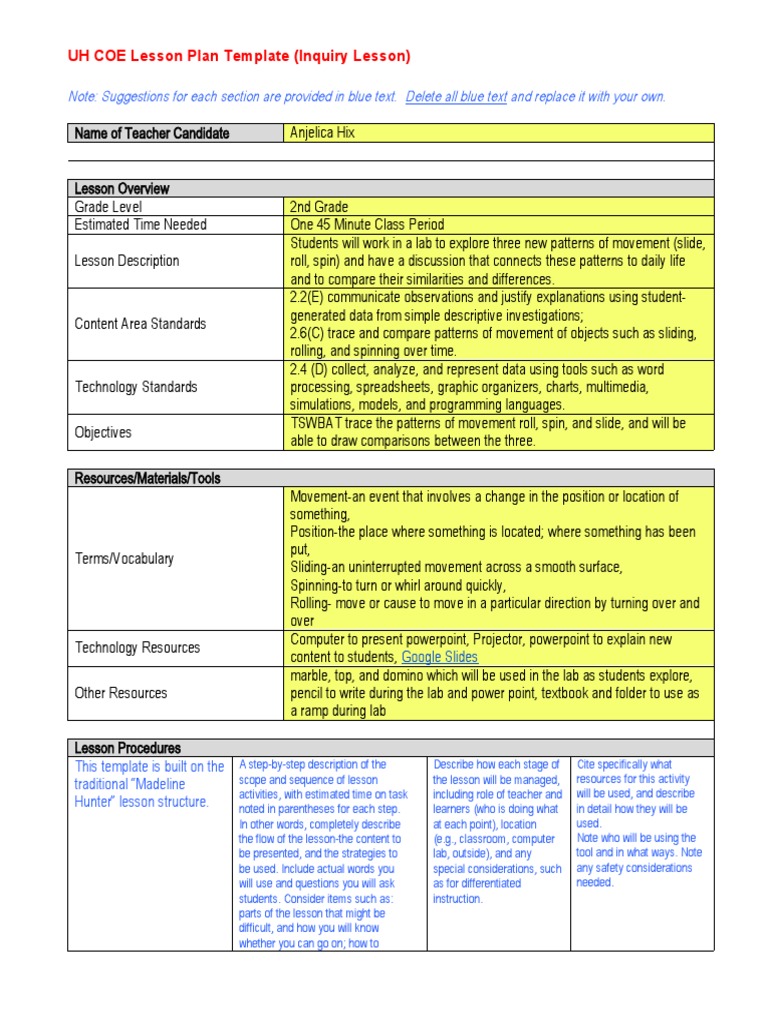 UH COE Lesson Plan Template (Inquiry Lesson) : Google Slides | PDF ...