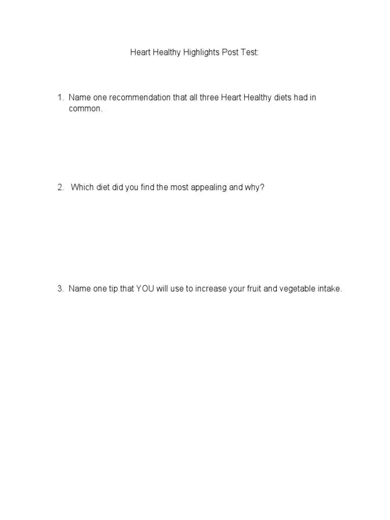 Heart Healthy Highlights Post Test 1 | PDF | Wellness | Lifestyle
