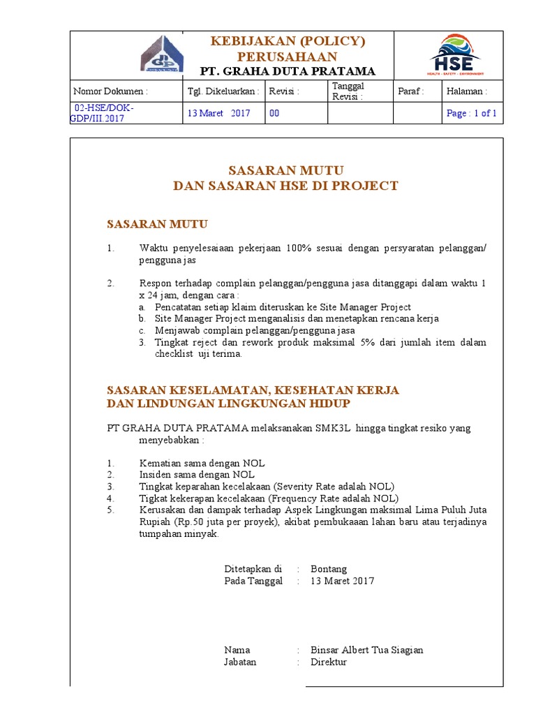 02-HSE - Sasaran Mutu PT. GDP | PDF