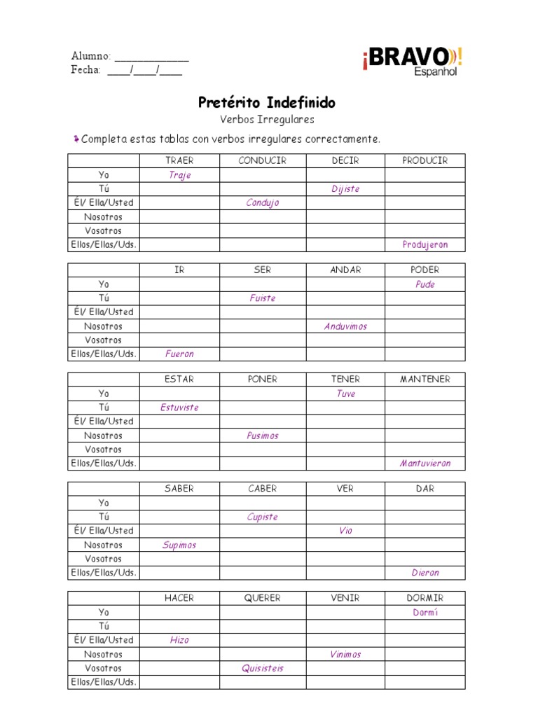 4 - Pretérito Indefinido Verbos Irregulares | PDF