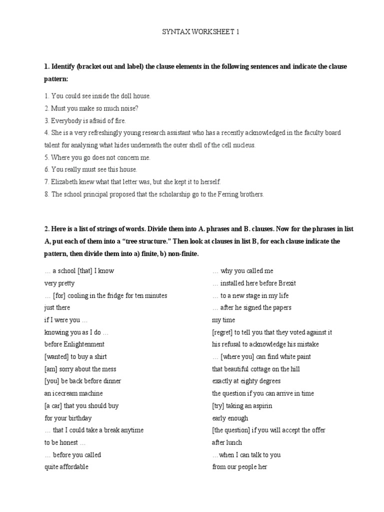 Seminar Worksheet 1 | PDF | Clause | Phrase