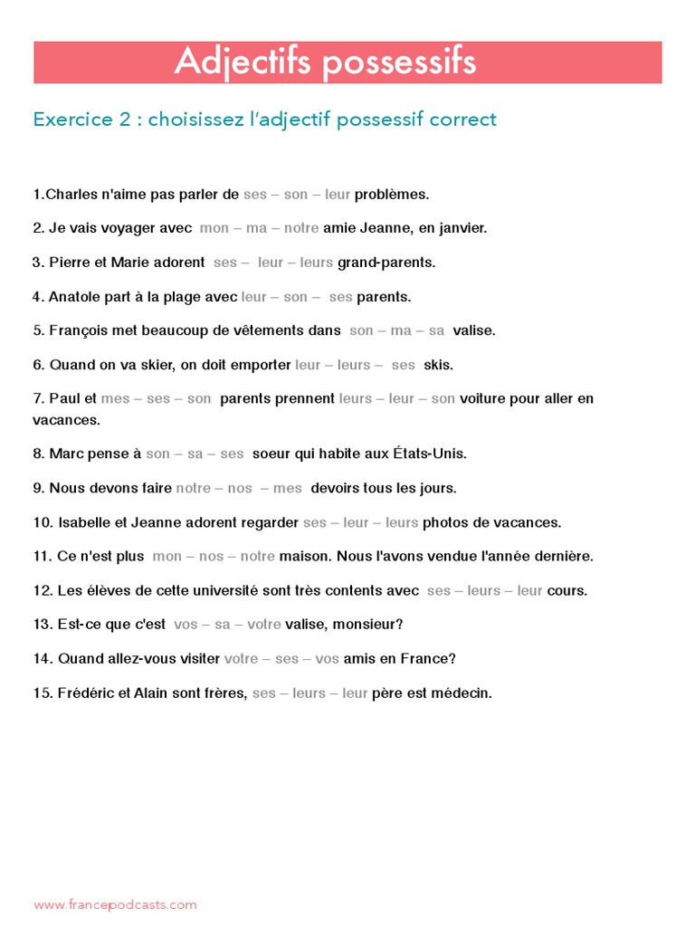 Adjectifs Possessifs Exercice 2 Et Corrigé | PDF | Maison et jardin | Art