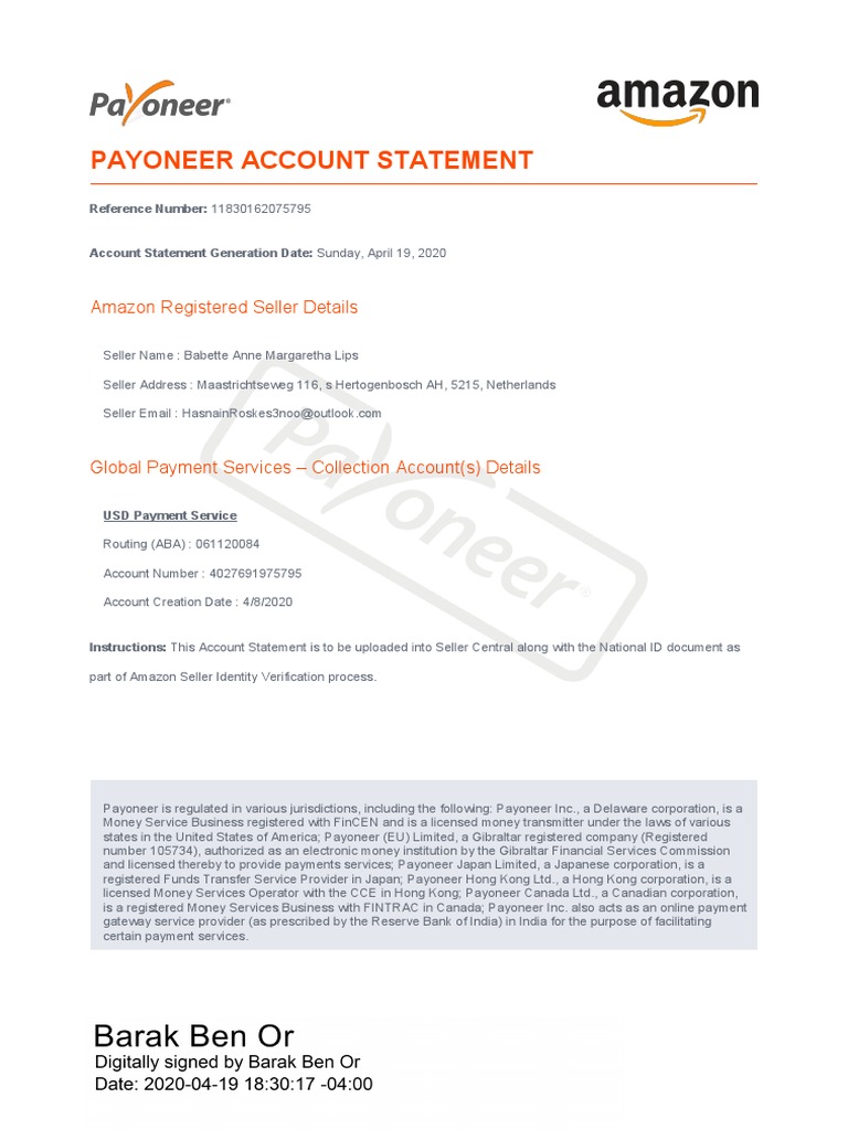 Payoneer Account Statement for Verification | PDF