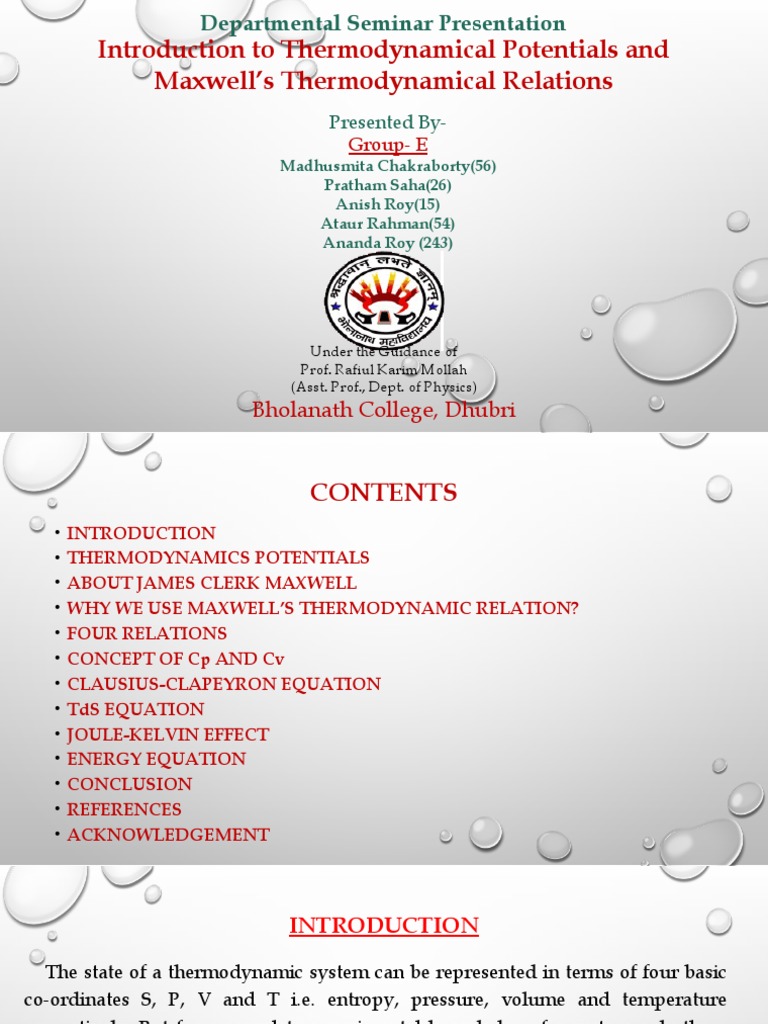 Seminar: Introduction To Thermodynamical Potentials and Maxwell's ...