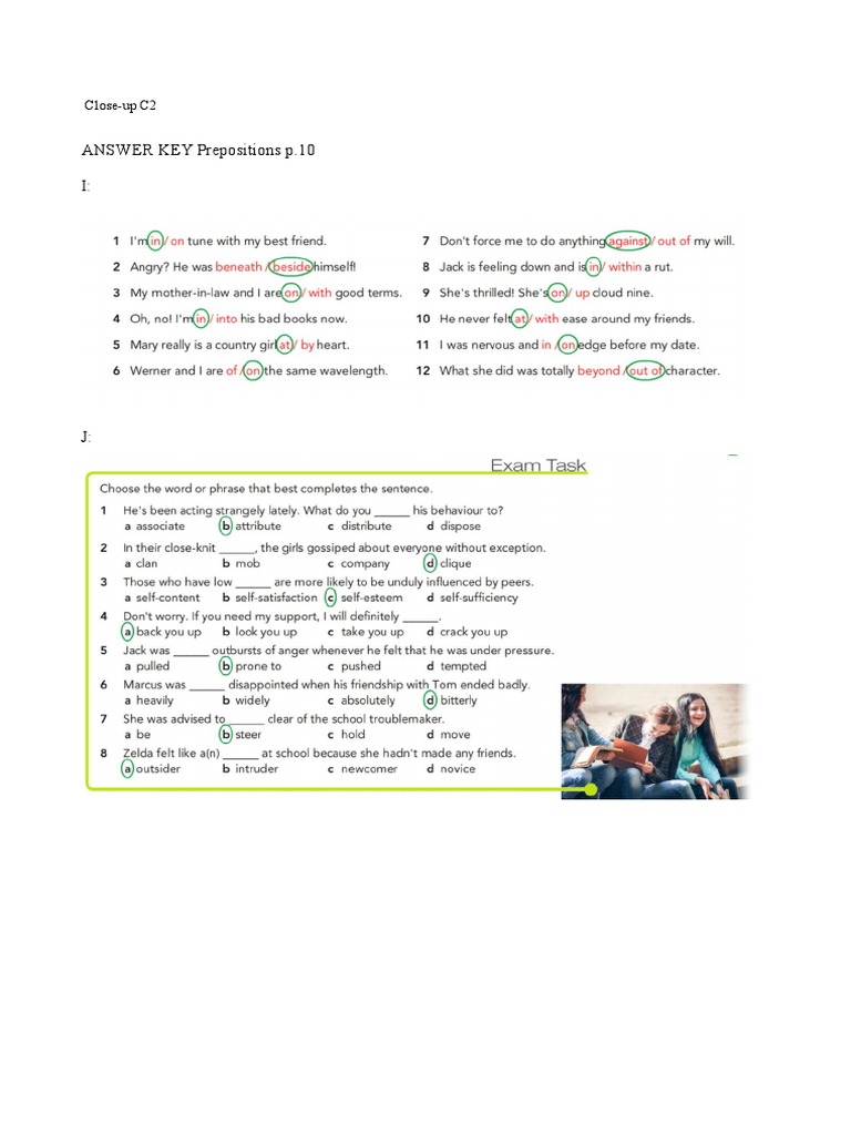 ANSWER KEY Prepositions Unit 1 | PDF
