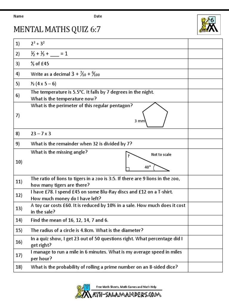 Mental Maths Quiz 6:7: Name Date | PDF | Teaching Mathematics