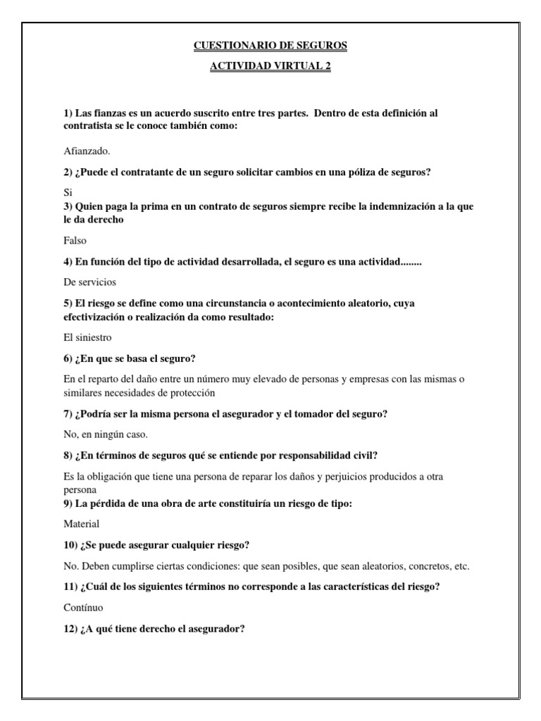 Cuestionario de Seguros: Conceptos Clave | PDF | Póliza de seguros | Reaseguro
