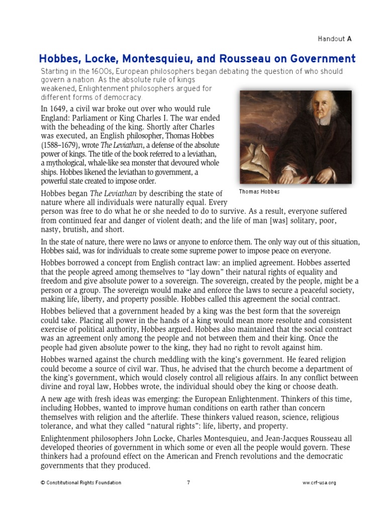 Hobbes, Locke, Montesquieu, and Rousseau On Government: Handout A | PDF ...
