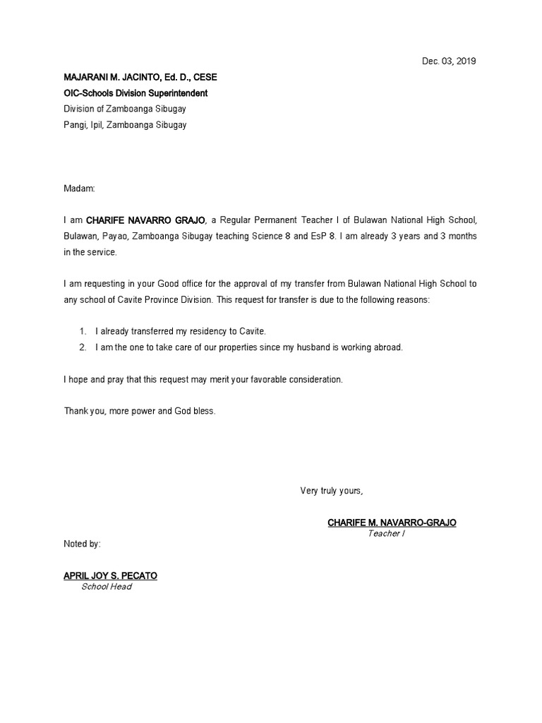 Intent Letter For Transfer | PDF