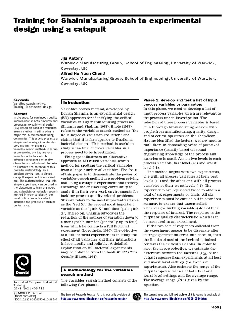 Shainin Approach Experimental Design Using A Catapult | PDF | Experiment | Analysis Of Variance