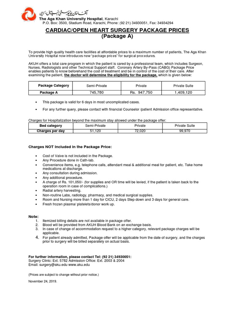 Heart Surgery Package Prices at AKUH | PDF | Surgery | Patient