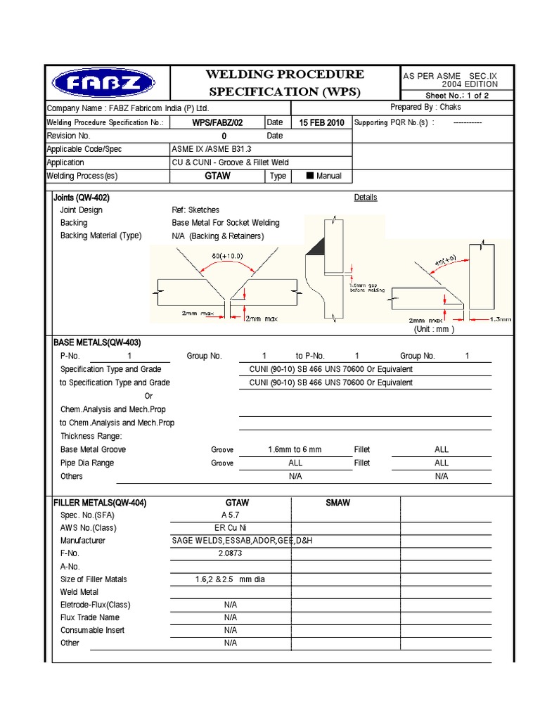 Welding Procedure Specification (WPS) : As Per Asme Sec - Ix 2004 EDITION | PDF | Building ...