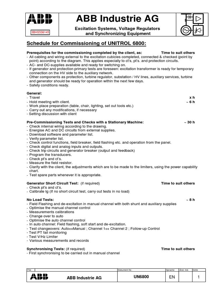 ABB Industrie AG: Schedule For Commissioning of UNITROL 6800 | PDF ...