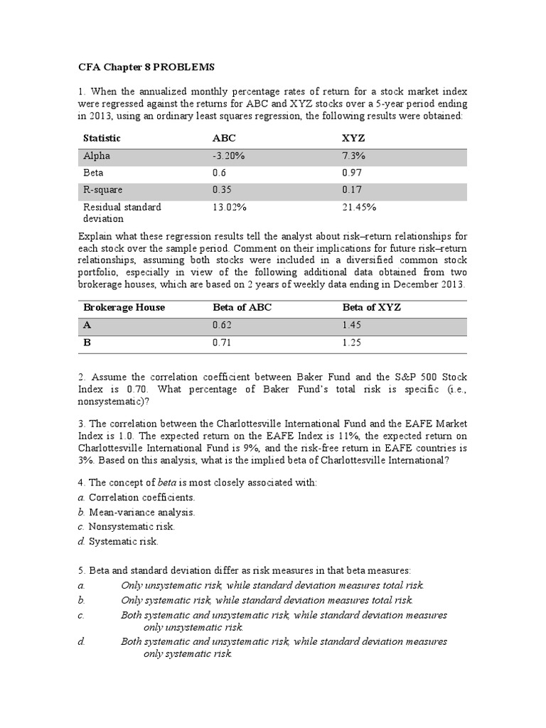 CFA Chapter 8: Risk-Return Analysis | PDF | Beta (Finance ...