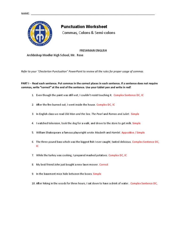 Commas, Colons & Semi-Colons: Punctuation Worksheet | PDF | Foods