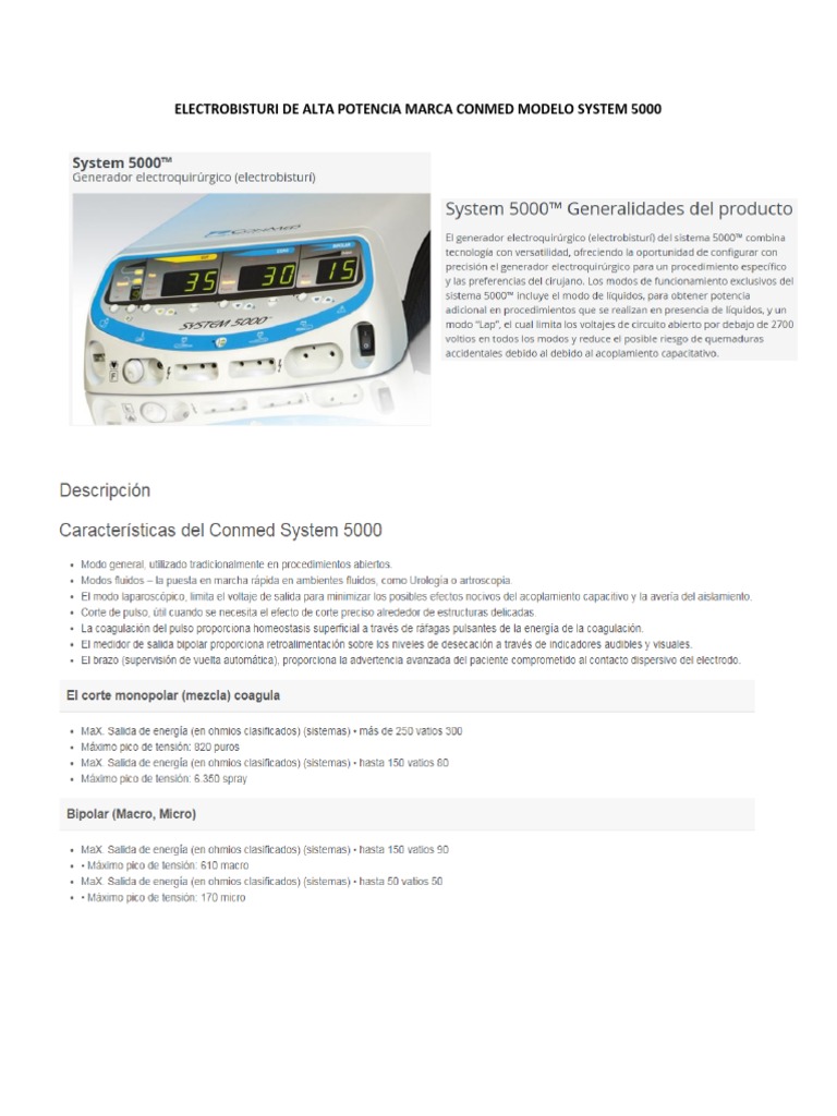 Electrobisturi de Alta Potencia Marca Conmed Modelo System 5000 | PDF