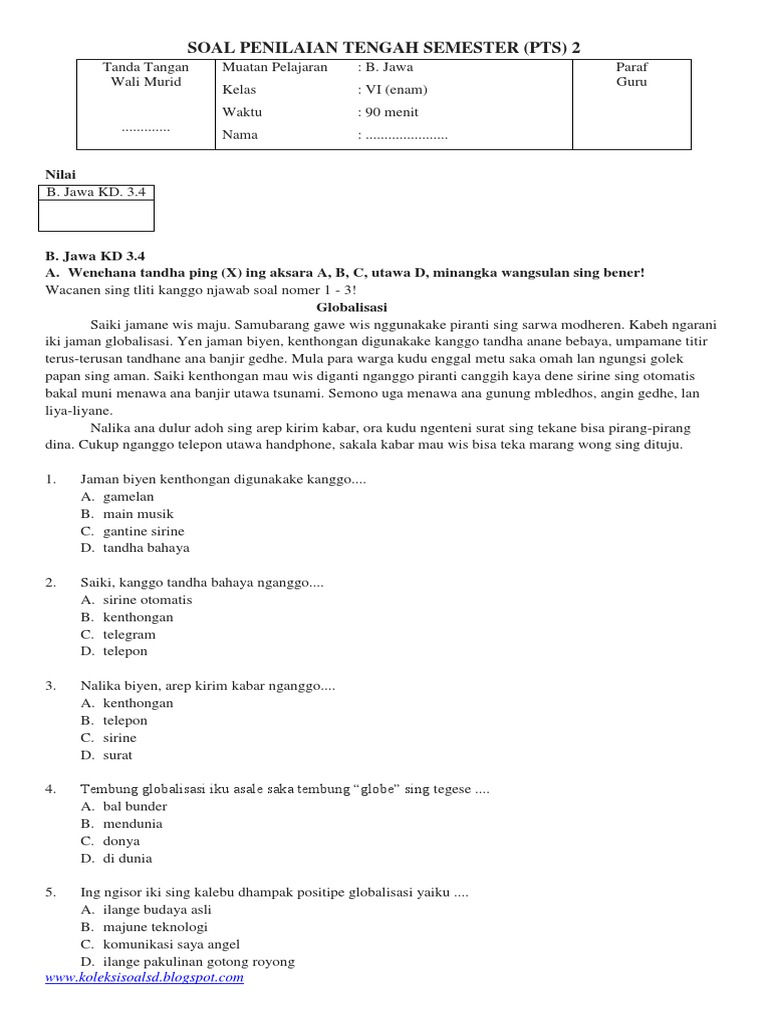 Soal PTS Kelas 6 B. Jawa Semester 2 | PDF