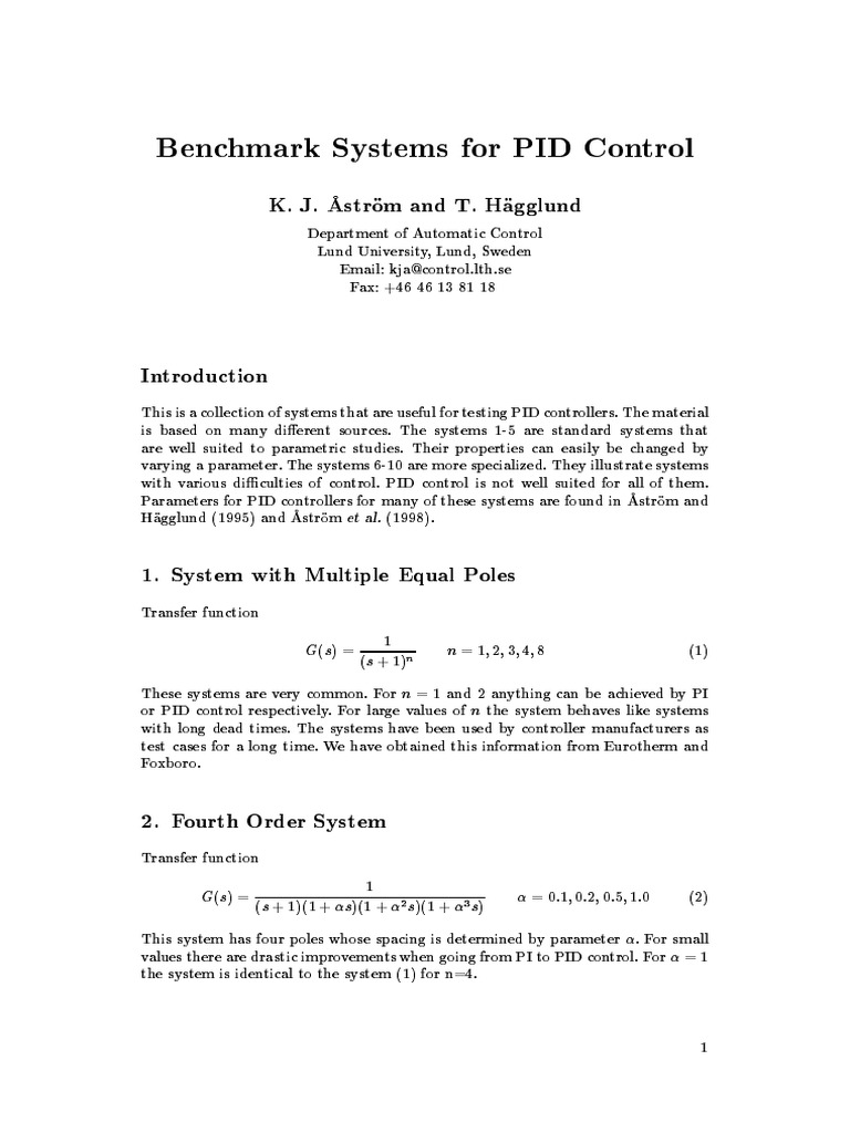 Benchmark Systems For PID Control | PDF | Applied Mathematics | Physics