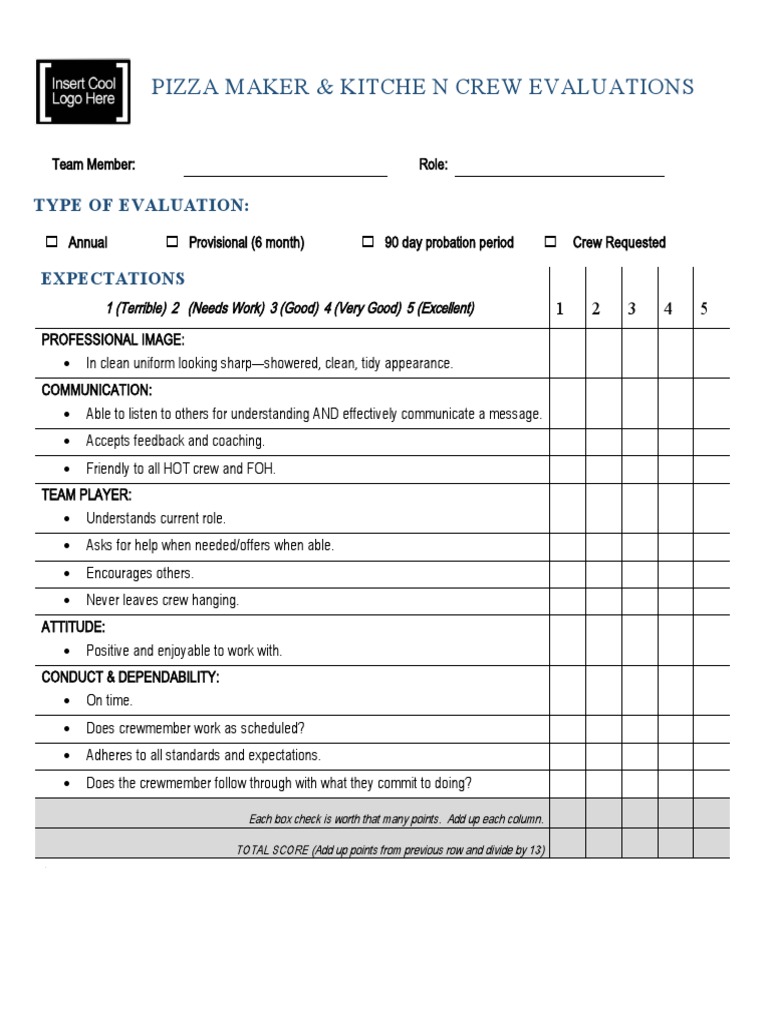 Pizza Maker & Kitche N Crew Evaluations: Type of Evaluation | PDF ...