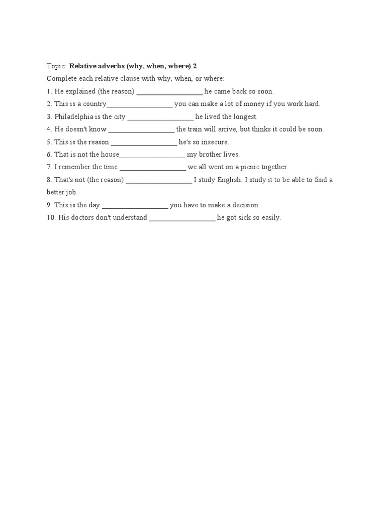 Relative Adverbs Worksheet | PDF