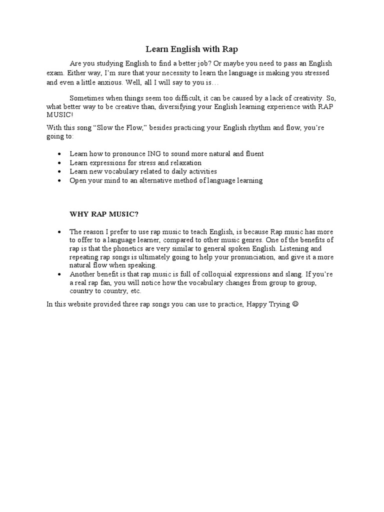 English Learning Through Rap Music | PDF