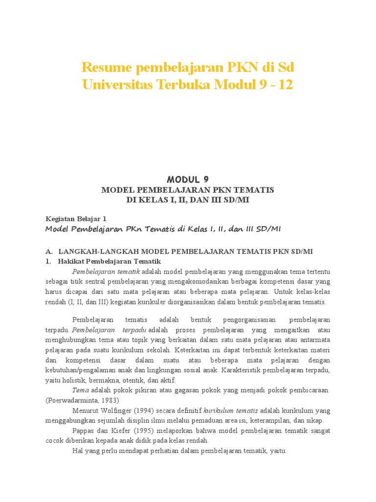 Resume Pembelajaran PKN Di SD Modul 9-12 | PDF