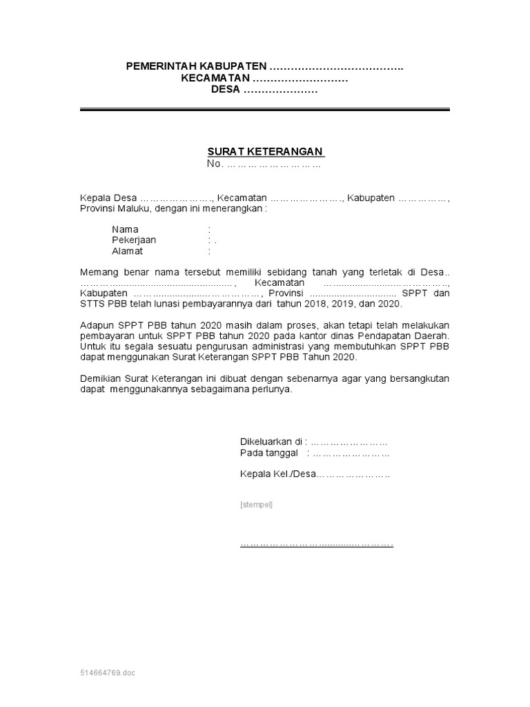 Ket. Pelunasan PBB (Pengganti STTS) Oke | PDF