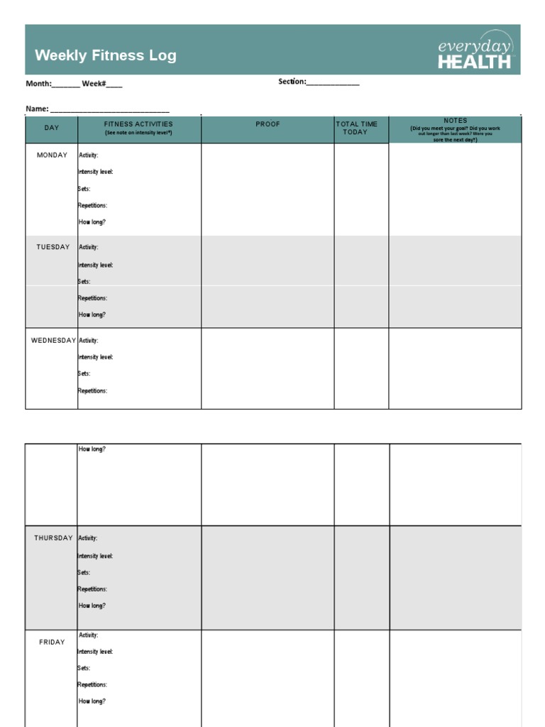 Weekly Fitness Log: Month: - Week# - Section | PDF