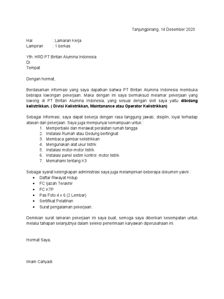 Lamaran Kerja Imam Cahyadi | PDF | Teknologi & Rekayasa