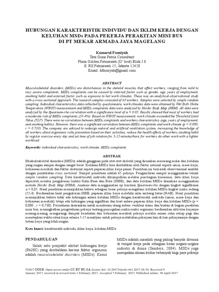 Hubungan Karakteristik Individu Dan Iklim Kerja Dengan Keluhan Msds Pada Pekerja Perakitan Mini ...