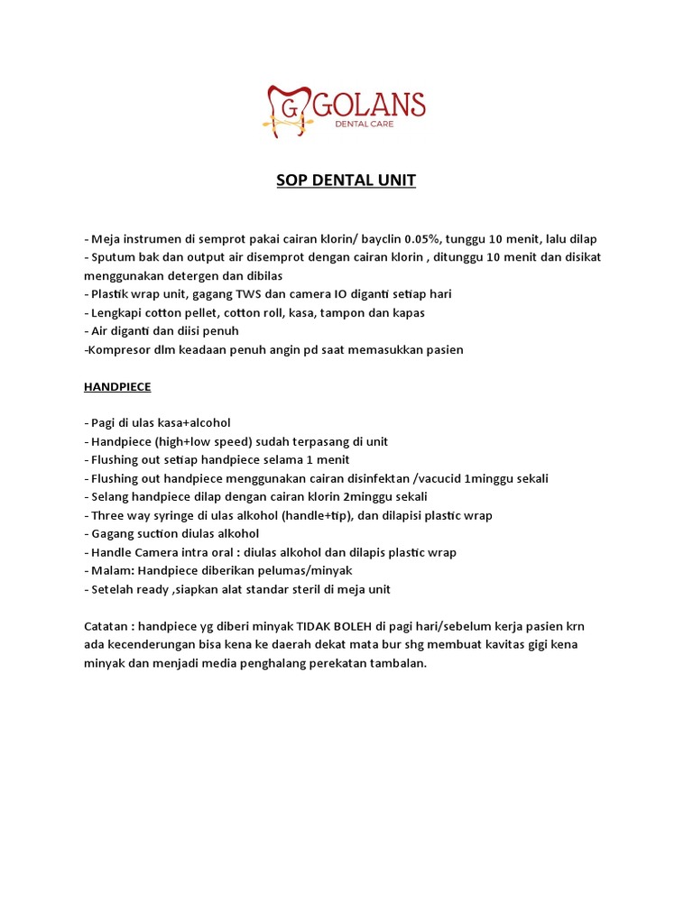 Sop Dental Unit | PDF