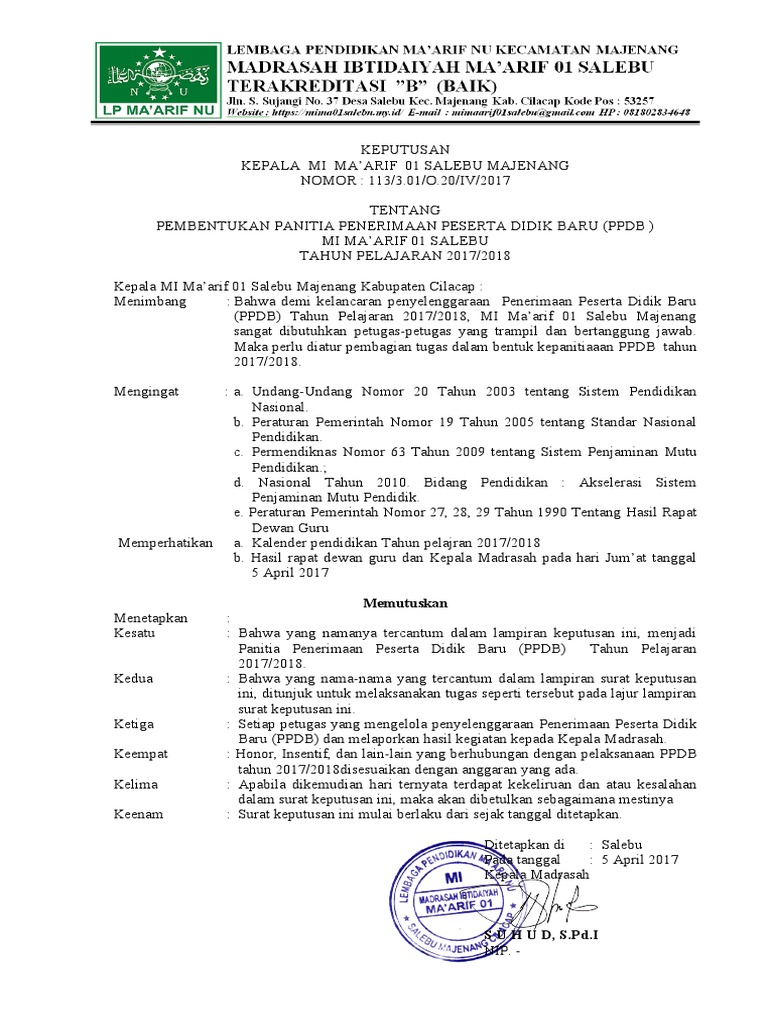 CONTOH SK PPDB MI Maarif 01 Salebu 2017-2018 | PDF