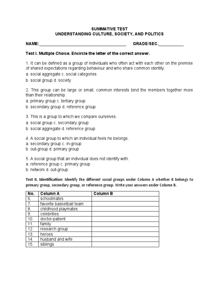 Summative Test Ucsp 2ND Quarter | PDF | Family | Kinship