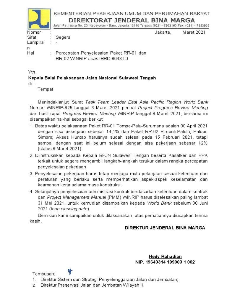 Surat Dirjen Instruksi Percepatan Paket WINRIP Sulteng | PDF