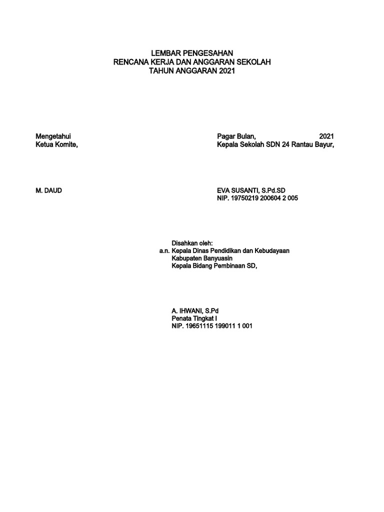 Lembar Pengesahan Rkas 2021 | PDF