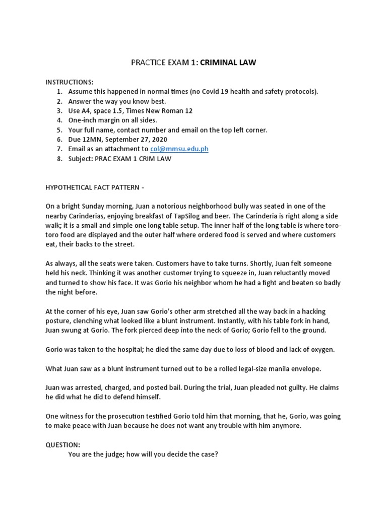 Practice Exam 1: Criminal Law: Col@mmsu - Edu.ph | PDF