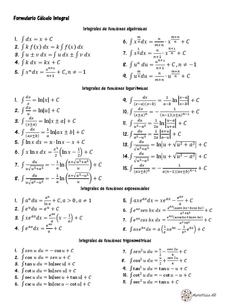 Formulario Cálculo Integral Matefísica AR | PDF | Integral | Relaciones ...