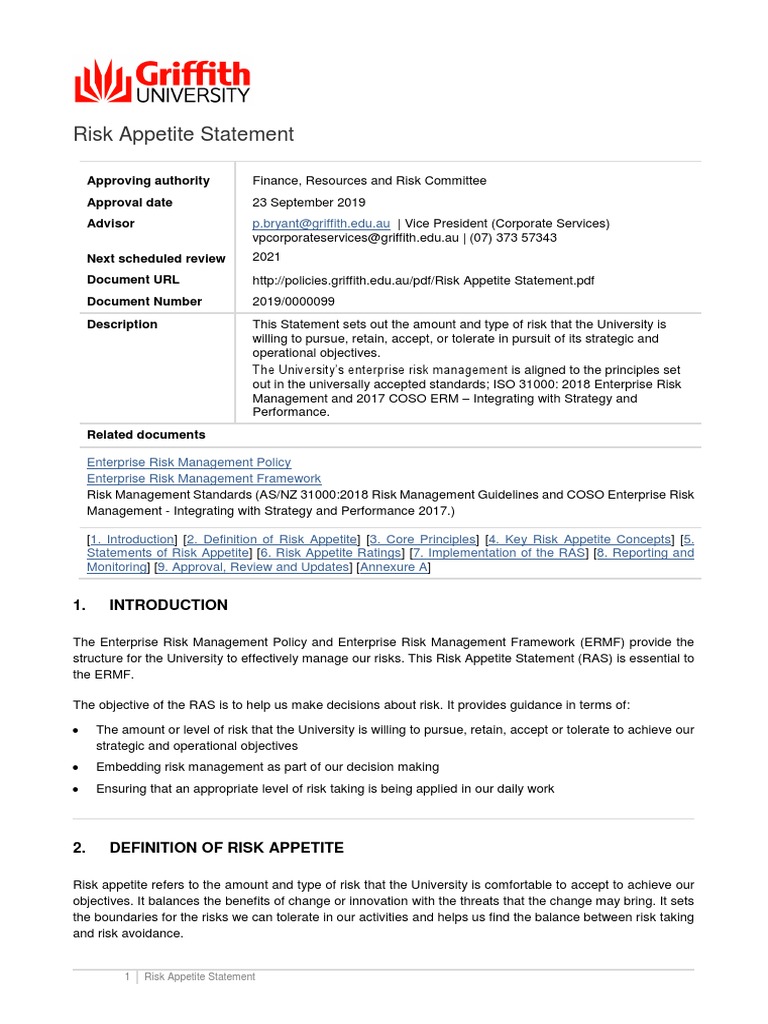 Griffith Risk Appetite Statement | PDF | Enterprise Risk Management ...