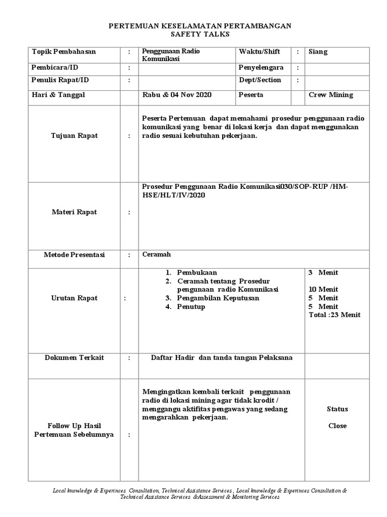 Form Pertemuan Keselamatan (Safety Talks) Contoh Format | PDF