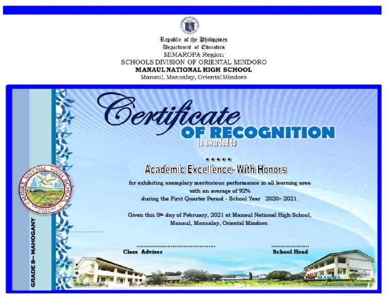 Certificate For With Honors. Template | PDF