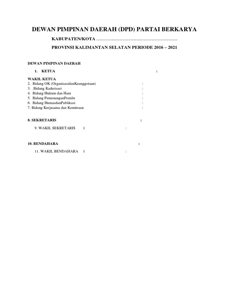 Struktur DPD Partai Berkarya 2016-2021 | PDF | Sains & Matematika