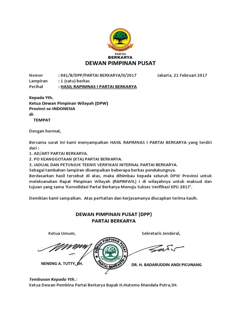 Surat Ke DPW, DPD Dan DPC Partai Berkarya | PDF