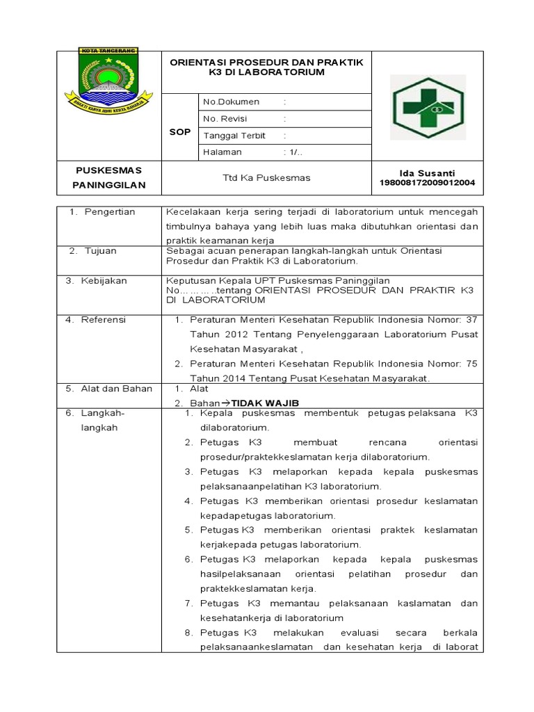 8.1.8.6 SOP ORIENTASI PROSEDUR Dan Praktik K3 DI LABORATORIUM | PDF