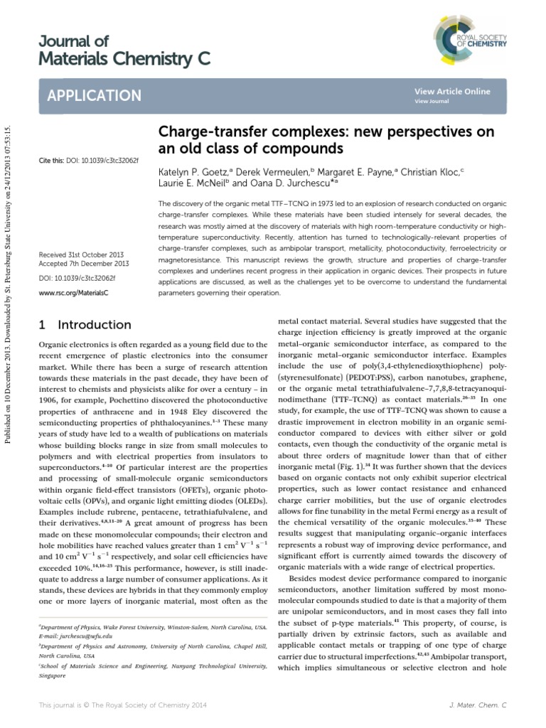 Organic Charge Transfer Complex | PDF | Electrical Resistivity And ...