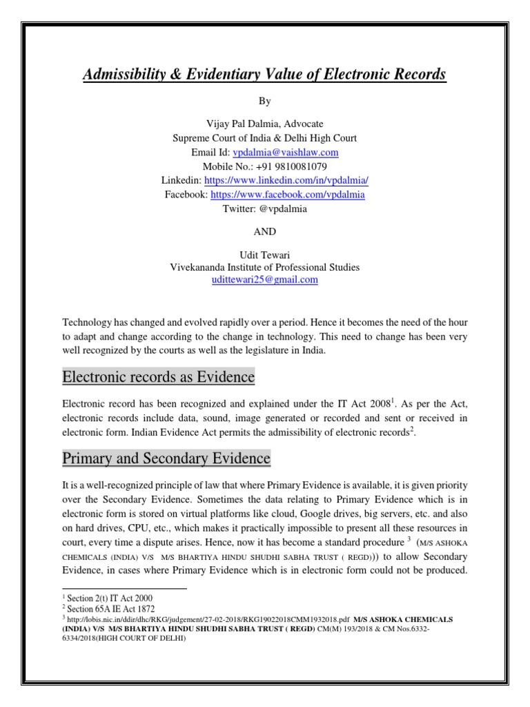 Admissibility & Evidentiary Value of Electronic Records | PDF | Usb ...