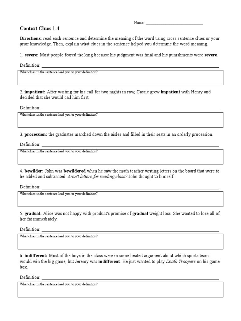 Context Clues Worksheet 1 4 | PDF | Language Arts & Discipline