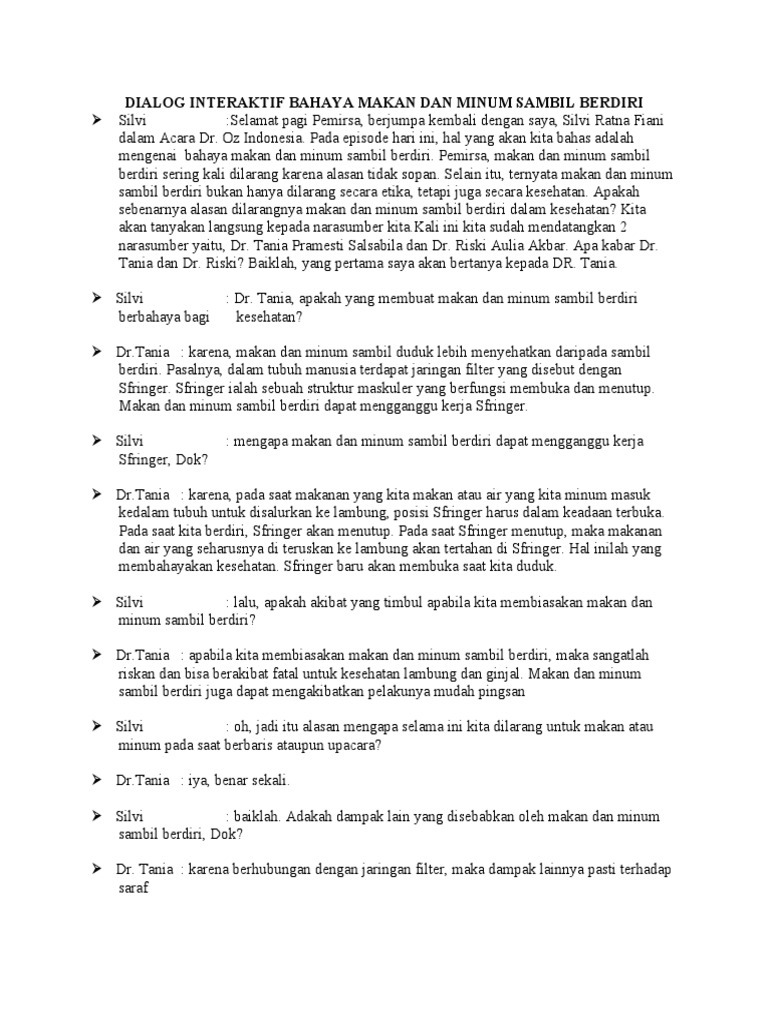 Dialog Interaktif Bahaya Makan Dan Minum Sambil Berdiri | PDF