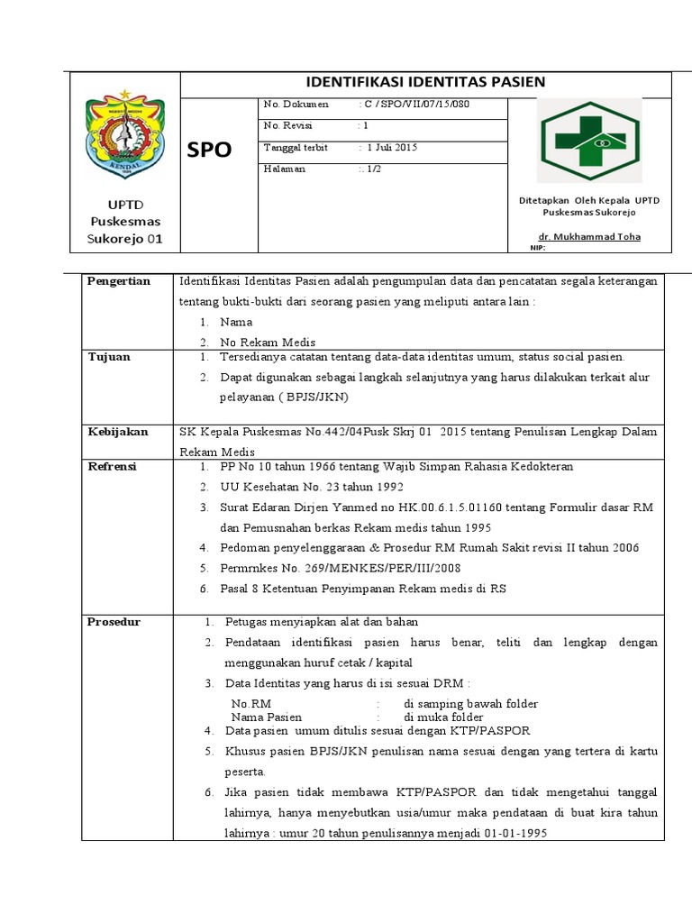 SPO Identifikasi Identitas Pasien | PDF | Pengembangan Diri
